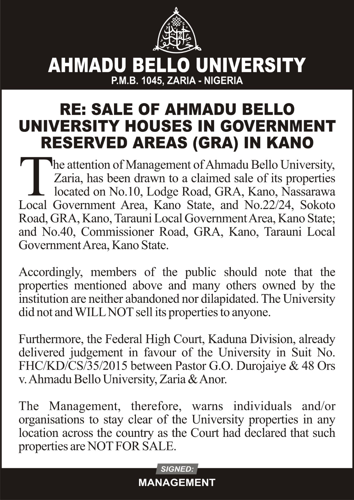 Re: Sale of ABU Houses in GRA in Kano - Ahmadu Bello University