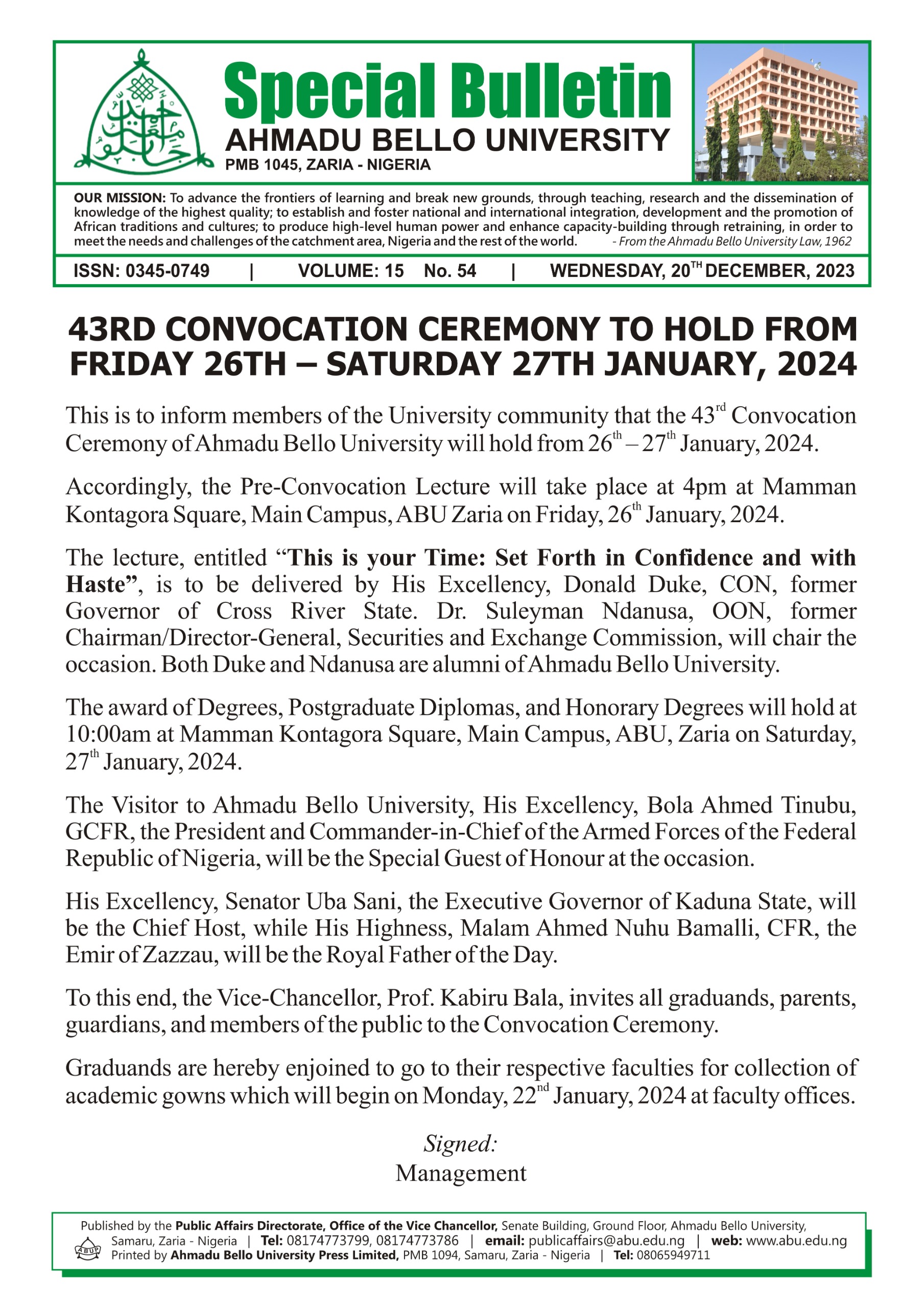 43rd Convocation Ceremony to hold from Friday 26th – Saturday 27th ...