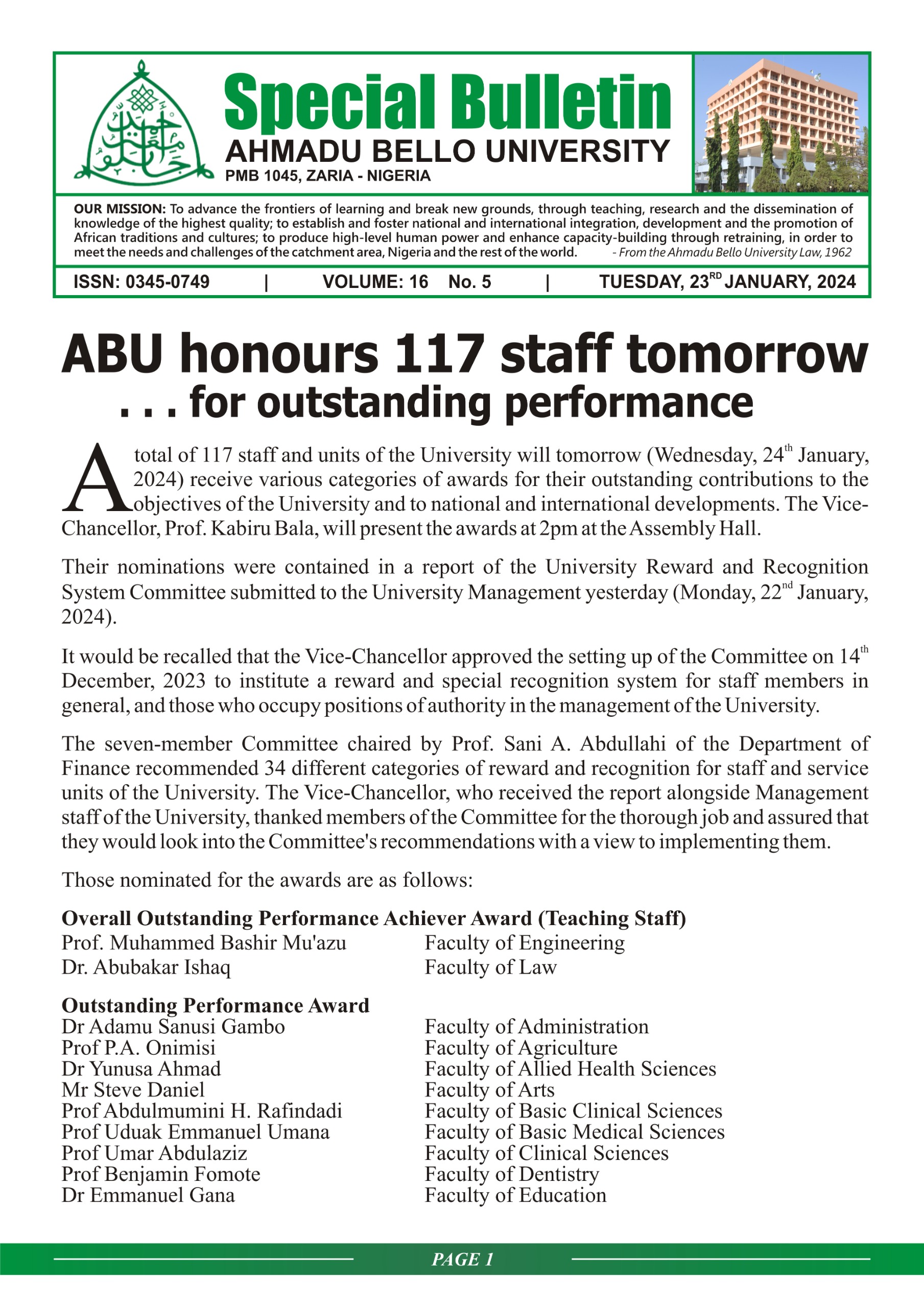 Special Bulletin - Ahmadu Bello University