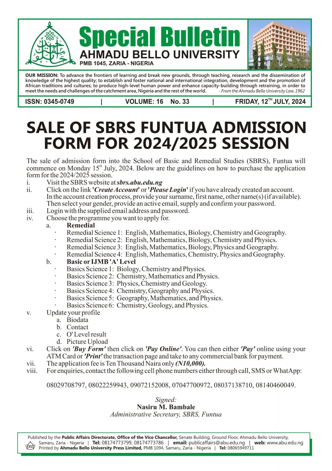 SALE OF SBRS FUNTUA ADMISSION FORM FOR 2024/2025 SESSION - Ahmadu Bello ...