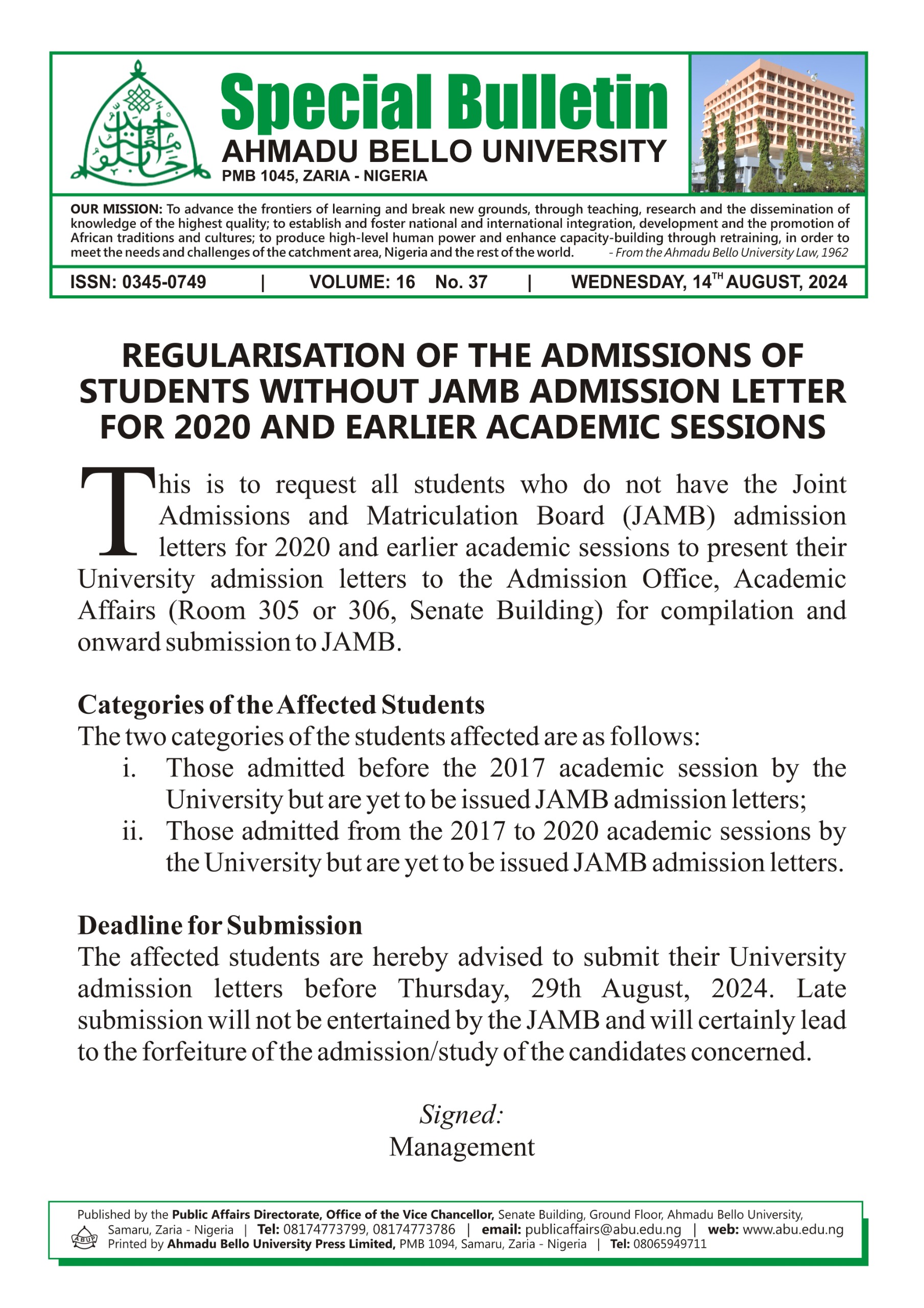 Regularisation of the Admissions of Students without Jamb Admission ...