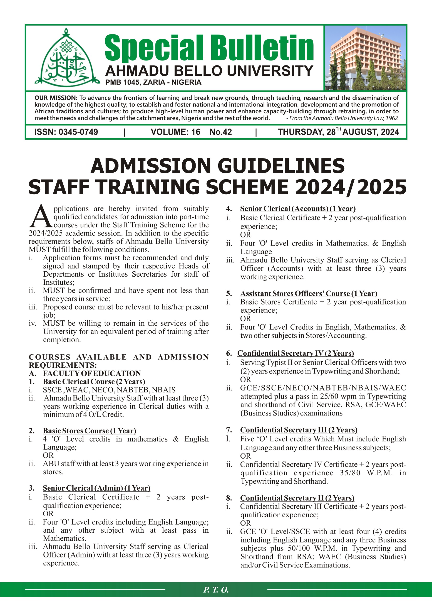 Admission Guidelines Staff Training Scheme 2024/2025 - Ahmadu Bello ...
