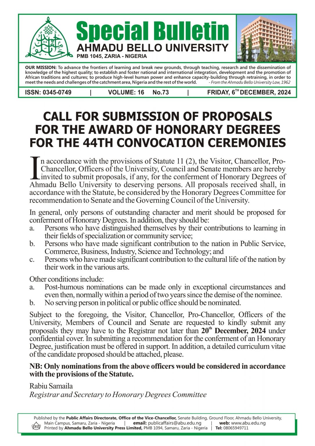 Special Bulletin - Ahmadu Bello University
