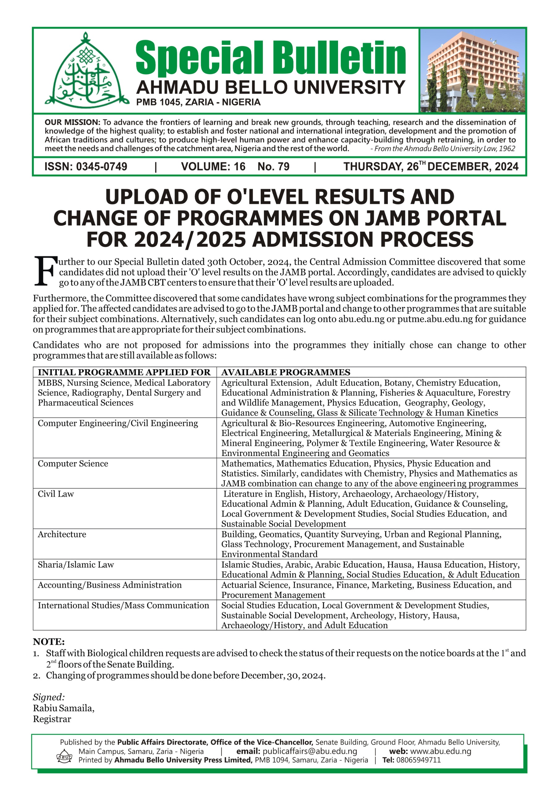 Upload of O’Level Results and Change of Programmes on Jamb Portal for ...