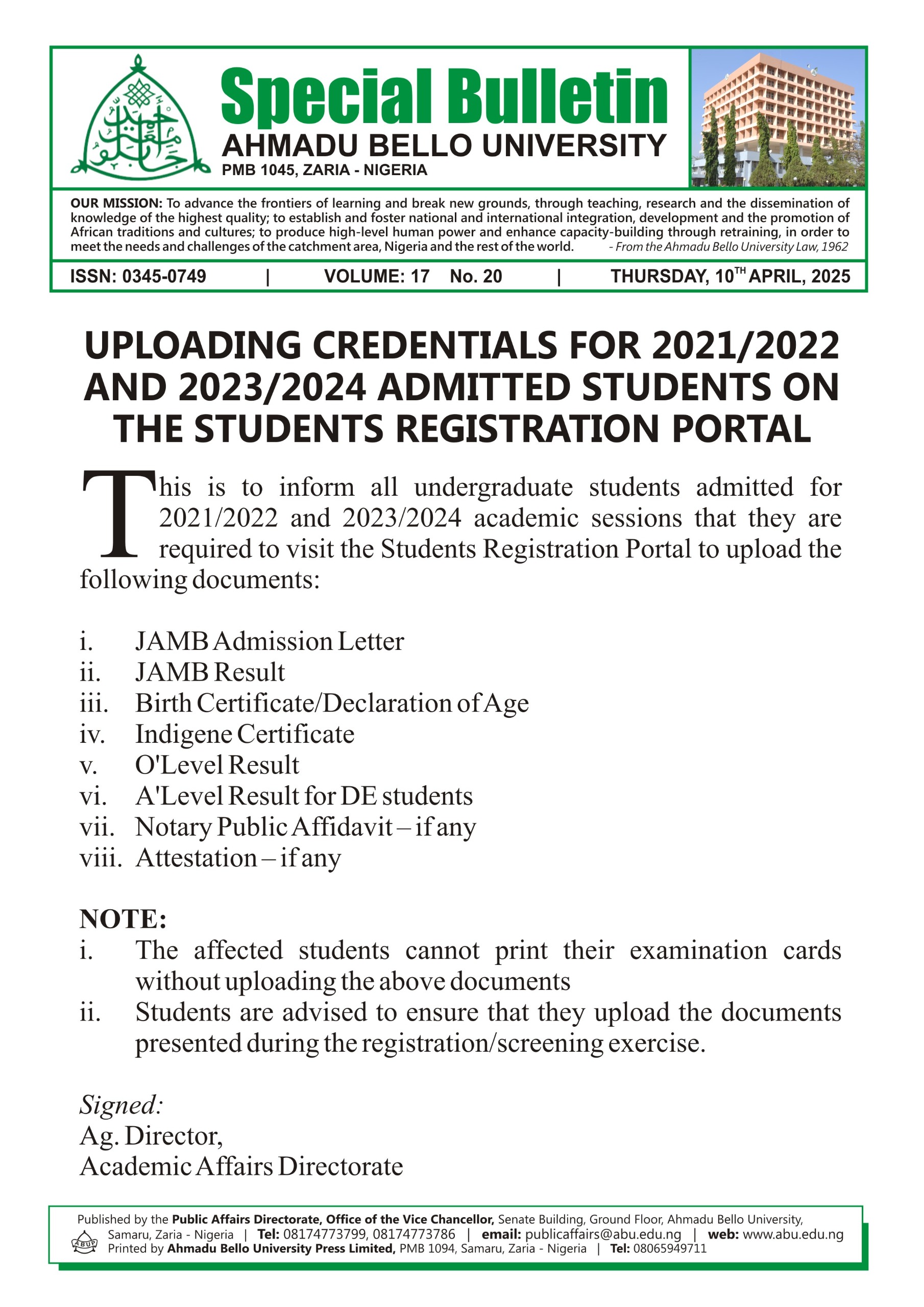 Uploading Credentials for 2021/2022 and 2023/2024 Admitted Students on ...