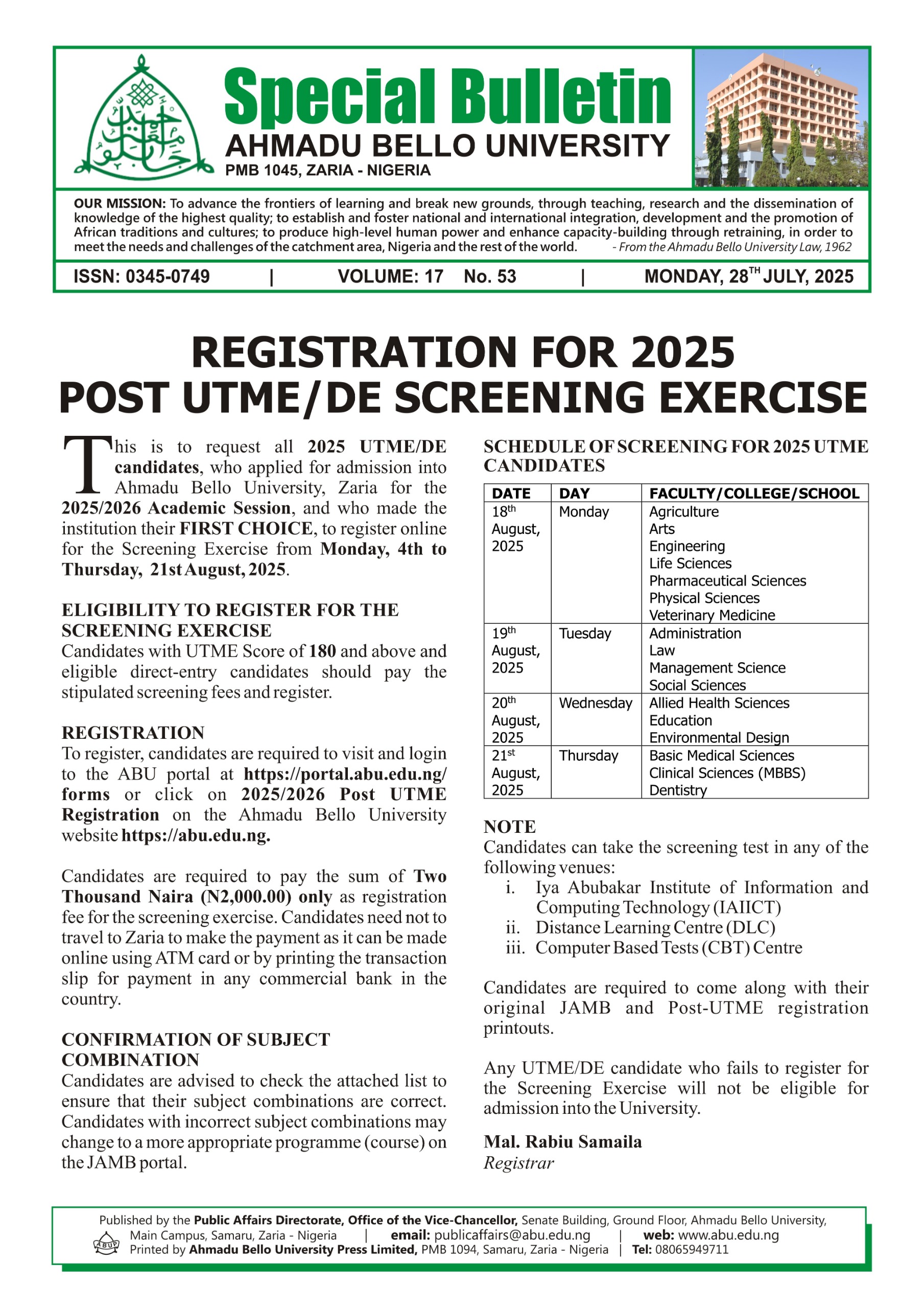 Registration for 2025 POST UTME/DE Screening Exercise - Ahmadu Bello ...