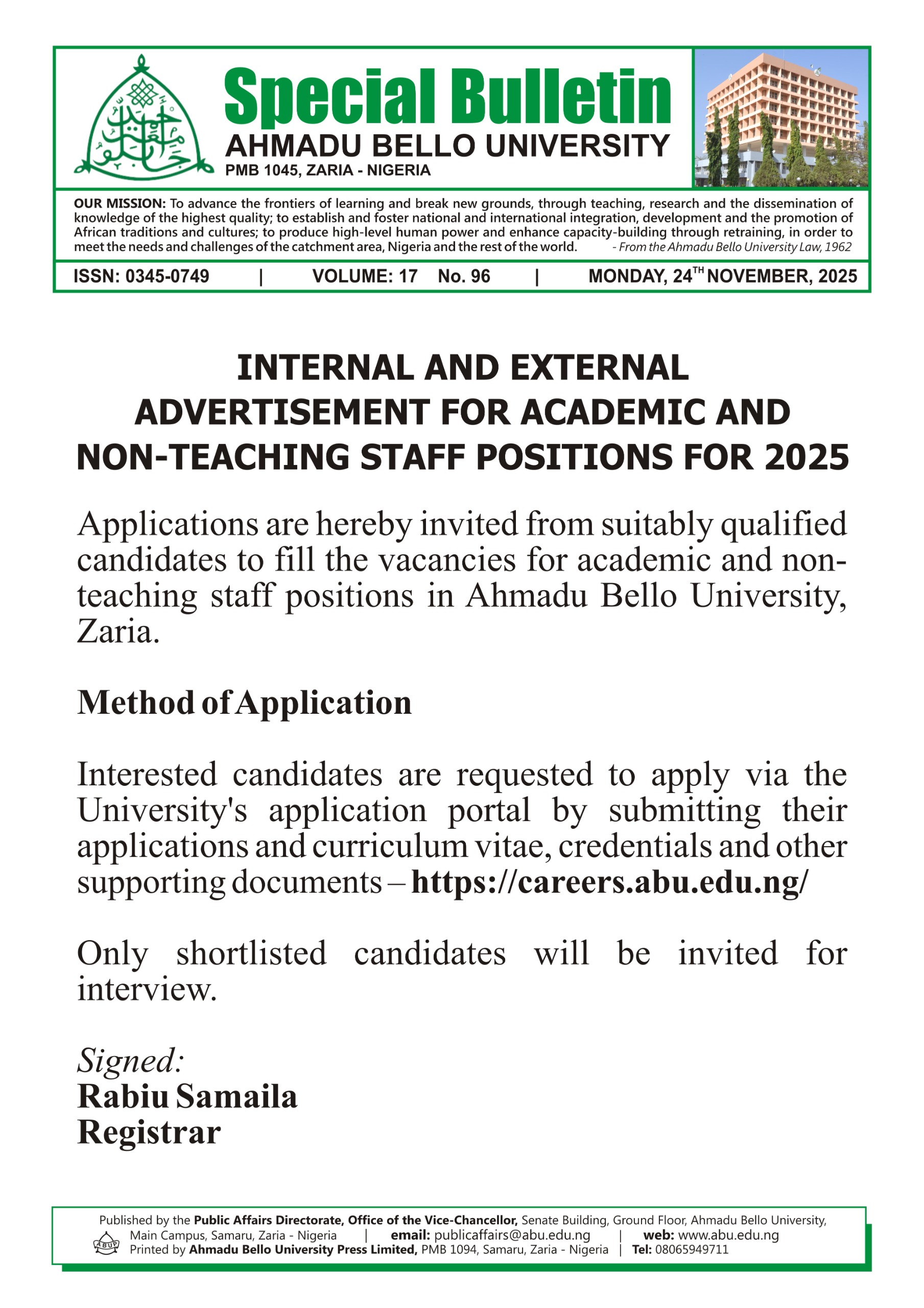 Internal and External Advertisement for Academic and Non-Teaching Staff Positions for 2025 ...