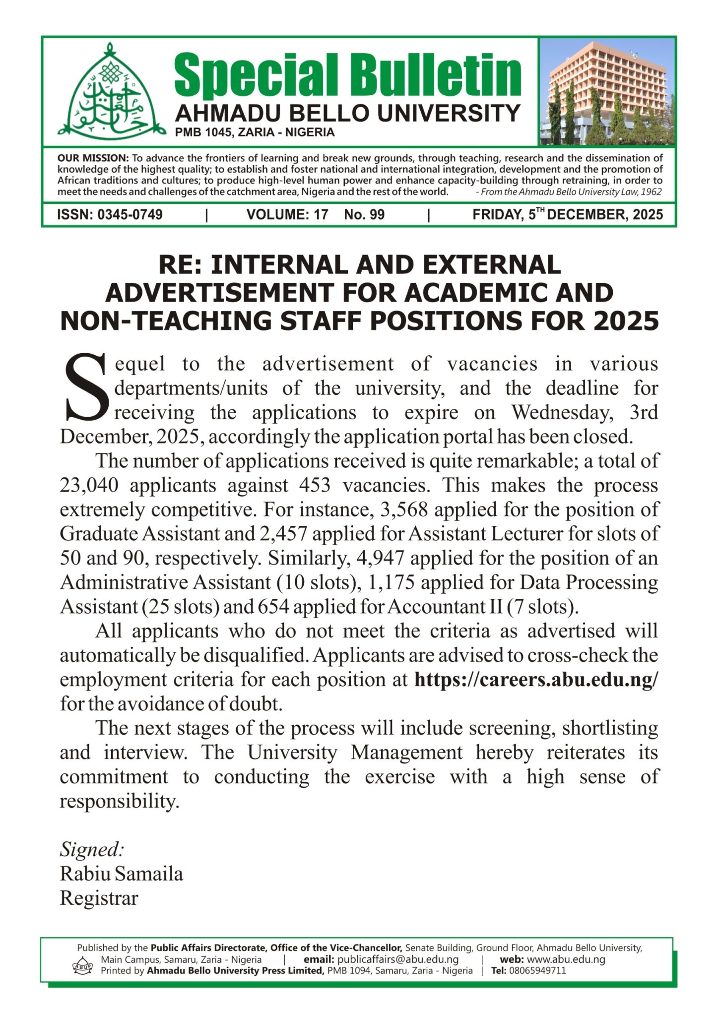 Re: Internal and External Advertisement for Academic and Non-teaching Staff Positions for 2025 ...