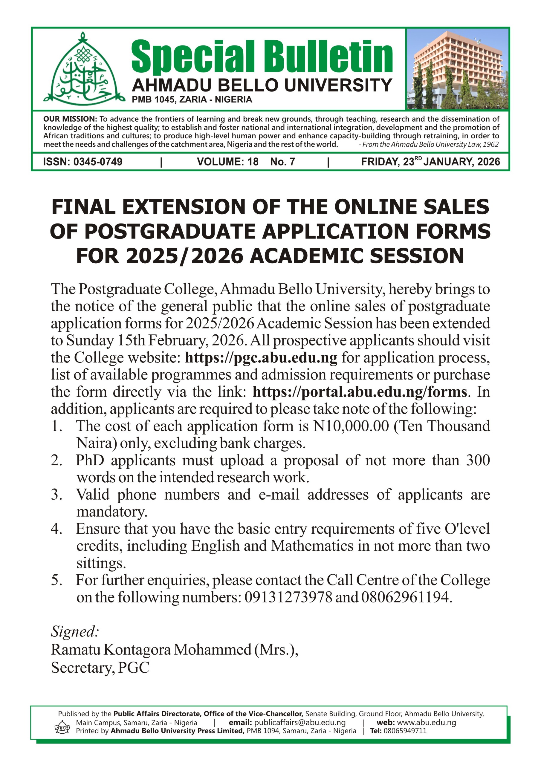 Final Extension of the Online Sales of Postgraduate Application Forms ...