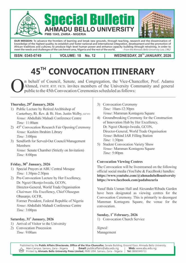 45th Convocation Itinerary - Ahmadu Bello University