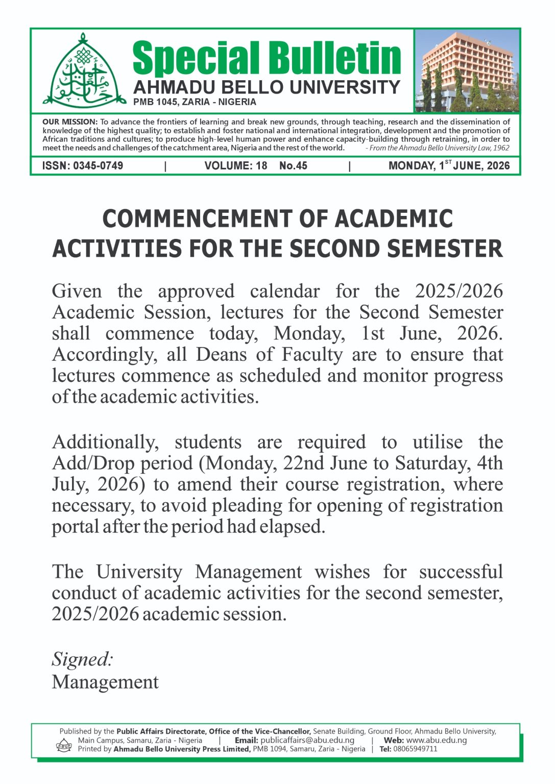 Commencement of Academic Activities for the Second Semester - Ahmadu ...